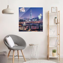 Bilderwelten Glasbild Stadt Motiv blau Glas Wandbild - Lotte World Tower bei Nacht - Architektur Wohnzimmer Schlafzimmer