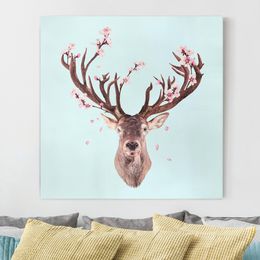 Bilderwelten Leinwandbild - Quadrat Hirsch mit Kirschbl&uuml;ten