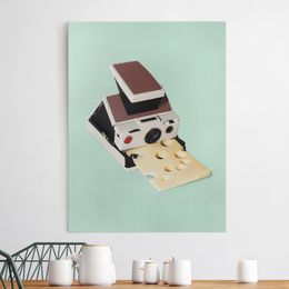 Bilderwelten Leinwandbild - Hochformat Kamera mit K&auml;se