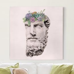 Bilderwelten Leinwandbild Blumen Fotomontage Kunstdruck rosa - Kopf mit Sukkulenten - Wandbild XXL Wohnzimmer Schlafzimmer
