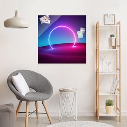 Bilderwelten Glasbild Neon Art pink Glas Wandbild - Neonlichtkreis im Sand - Deko Jugendzimmer