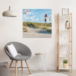 Bilderwelten Glasbild Strand Motiv blau Glas Wandbild - Leuchtturm an der Nordsee - D&uuml;nen Wohnzimmer Schlafzimmer