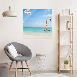 Bilderwelten Glasbild Strand Tropisch t&uuml;rkis Glas Wandbild - Katamaran auf dem Indischen Ozean - Karibik Wohnzimmer Schlafzimmer