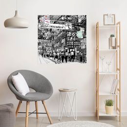 Bilderwelten Glasbild Illustration schwarz weiss Glas Wandbild - Schwarzwei&szlig;e Zeichnung Asiatische Stra&szlig;e II - Deko Jugendzimmer