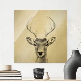 Bilderwelten Glasbild Tiere Motiv schwarz weiss Glas Wandbild - Hirsch Heinrich Schwarz Wei&szlig; - Hirsch Kinderzimmer Baby M&auml;dchen Jungen