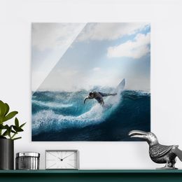 Bilderwelten Glasbild Strand Motiv blau Glas Wandbild - Schnapp dir die Welle - Landschaft Wohnzimmer Schlafzimmer