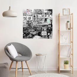 Bilderwelten Glasbild Illustration schwarz weiss Glas Wandbild - Schwarzwei&szlig;e Zeichnung Asiatische Stra&szlig;e - Deko Jugendzimmer