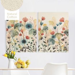 Bilderwelten Leinwandbild Blumen Landhaus Aquarell Leinwanddruck - Wildblumen im Sommer Set I - Wandbild XXL Wohnzimmer Schlafzimmer