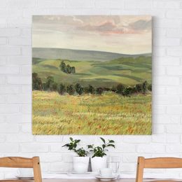 Bilderwelten Leinwandbild Natur modern Kunstdruck gr&uuml;n - Wiese am Morgen II - Landschaft XXL Wohnzimmer Schlafzimmer