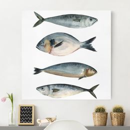 Bilderwelten Leinwandbild Tiere modern Aquarell blau - Vier Fische in Aquarell II - Pflanzen XXL Wohnzimmer Schlafzimmer