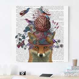 Bilderwelten Leinwandbild Tiere Illustration Kunstdruck bunt - Vogelf&auml;nger - Fuchs mit Artischocke - Spr&uuml;che XXL Wohnzimmer Schlafzimmer