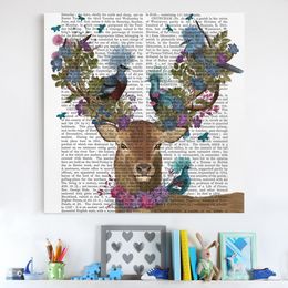 Bilderwelten Leinwandbild Tiere Illustration Kunstdruck bunt - Vogelf&auml;nger - Hirsch mit Tauben - Hirsch XXL Wohnzimmer Schlafzimmer