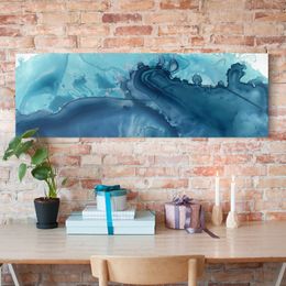 Bilderwelten Leinwandbild - Panorama Welle Aquarell Blau I