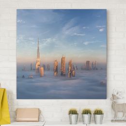 Bilderwelten Leinwandbild Stadt Motiv Kunstdruck blau - Dubai &uuml;ber den Wolken - Architektur XXL Wohnzimmer Schlafzimmer