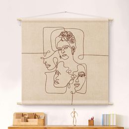 Bilderwelten Wandteppich originell beige Line Art Stoffbild - Boho Line Art - Portraits - Wandbild Jugendzimmer
