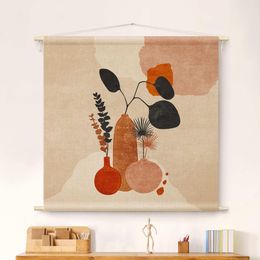 Bilderwelten Wandteppich Spirituell beige Abstrakt Stoffbild - Boho Vasen - Pflanzen Wohnzimmer Schlafzimmer