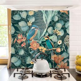 Bilderwelten Glas Spritzschutz Vintage gr&uuml;n Tiere - Blumenparadies Eisvogel und Kolibri - Pflanzen K&uuml;chenr&uuml;ckwand aus Glas