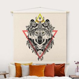 Bilderwelten Wandteppich Tiere bunt modern Stoffbild - Boho Wolf mit Traumf&auml;nger - Wandbild Jugendzimmer