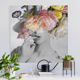 Bilderwelten Leinwandbild Portrait Fotomontage Kunstdruck schwarz weiss - Gartenparty im Kopf - Wandbild XXL Wohnzimmer Schlafzimmer