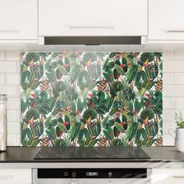 Bilderwelten Glas Spritzschutz Tropisch gr&uuml;n Tiere - Bunter tropischer Regenwald Muster - V&ouml;gel K&uuml;chenr&uuml;ckwand aus Glas