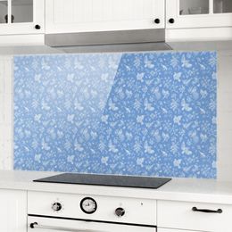 Bilderwelten Glas Spritzschutz Vintage blau Tiere - Blaumeisen vor Blau - Retro K&uuml;chenr&uuml;ckwand aus Glas