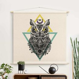 Bilderwelten Wandteppich Tiere bunt modern Stoffbild - Boho Eule mit Traumf&auml;nger - Eule Jugendzimmer