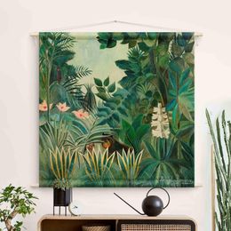 Bilderwelten Wandteppich originell t&uuml;rkis Tropisch Stoffbild - Henri Rousseau - Dschungel am &Auml;quator - Wandbild Wohnzimmer Schlafzimmer