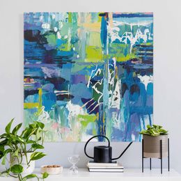 Bilderwelten Leinwandbild originell Abstrakt Kunstdruck blau - Sequenz in blau und gr&uuml;n - Wandbild XXL Wohnzimmer Schlafzimmer