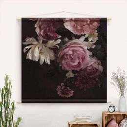 Bilderwelten Wandteppich Blumen rosa Motiv Stoffbild - Rosa Blumen auf Schwarz Vintage - Rose Wohnzimmer Schlafzimmer