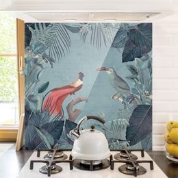 Bilderwelten Glas Spritzschutz Tropisch blau Tiere - Blaugraues Paradies mit tropischen V&ouml;geln - Pflanzen K&uuml;chenr&uuml;ckwand aus Glas