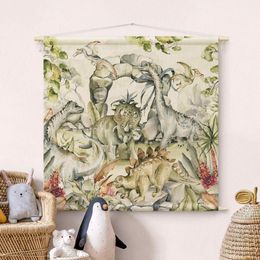 Bilderwelten Wandteppich Tiere gr&uuml;n Illustration Aquarell - Welt der Dinosaurier - Dinosaurier Kinderzimmer Baby M&auml;dchen Jungen