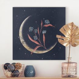Bilderwelten Leinwandbild Spirituell Illustration Kunstdruck blau - Mondsichel und Margeriten - Himmel XXL Wohnzimmer Schlafzimmer