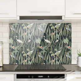 Bilderwelten Glas Spritzschutz Tropisch gr&uuml;n Tiere Aquarell - Flamingos und St&ouml;rche mit Pflanzen auf Gr&uuml;n - Pflanzen K&uuml;chenr&uuml;ckwand aus Glas