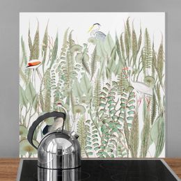 Bilderwelten Glas Spritzschutz Tropisch gr&uuml;n Tiere - Flamingo und Storch mit Pflanzen - Pflanzen K&uuml;chenr&uuml;ckwand aus Glas