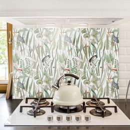 Bilderwelten Glas Spritzschutz Tropisch gr&uuml;n Tiere Aquarell - Flamingos und St&ouml;rche mit Pflanzen - Pflanzen K&uuml;chenr&uuml;ckwand aus Glas