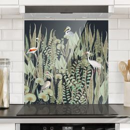 Bilderwelten Glas Spritzschutz Vintage gr&uuml;n Tiere - Flamingo und Storch mit Pflanzen auf Gr&uuml;n - Pflanzen K&uuml;chenr&uuml;ckwand aus Glas