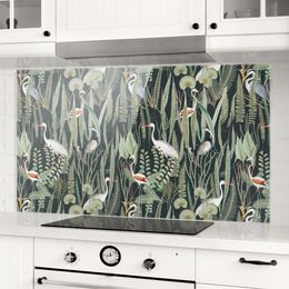 Bilderwelten Glas Spritzschutz Tropisch gr&uuml;n Tiere Aquarell - Flamingos und St&ouml;rche mit Pflanzen auf Gr&uuml;n - Pflanzen K&uuml;chenr&uuml;ckwand aus Glas