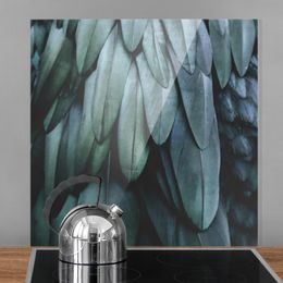 Bilderwelten Glas Spritzschutz Motiv petrol Federn - Federn in Aquamarin - Feder K&uuml;chenr&uuml;ckwand aus Glas