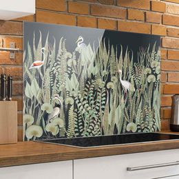 Bilderwelten Glas Spritzschutz Vintage gr&uuml;n Tiere - Flamingo und Storch mit Pflanzen auf Gr&uuml;n - Pflanzen K&uuml;chenr&uuml;ckwand aus Glas