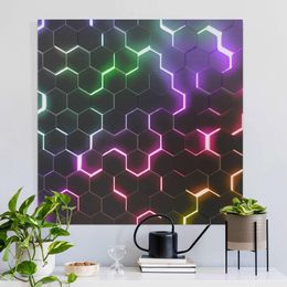 Bilderwelten Leinwandbild Neon Art Kunstdruck schwarz - Strukturierte Hexagone mit Neonlicht - Wandbild XXL Jugendzimmer