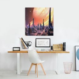 Bilderwelten Leinwandbild Sci-Fi Gro&szlig;stadt mit Planet