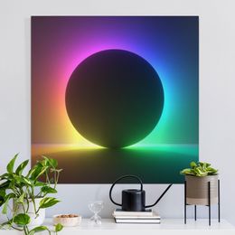 Bilderwelten Leinwandbild Neon Art Kunstdruck bunt - Schwarzer Kreis mit Neonlicht - Wandbild XXL Jugendzimmer