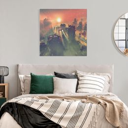 Bilderwelten Leinwandbild Fahrzeuge Illustration Kunstdruck orange - Sci-Fi Raumschiffe im Sonnenaufgang - Fahrzeuge XXL Jugendzimmer