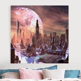 Bilderwelten Leinwandbild Illustration Kunstdruck schwarz - Sci-Fi Stadt mit Planeten - Wandbild XXL Jugendzimmer