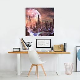 Bilderwelten Leinwandbild Sci-Fi Stadt mit Planeten
