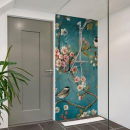 Bilderwelten Duschr&uuml;ckwand Blumen modern petrol fugenlose Wandverkleidung - Kirschbl&uuml;tenzweige auf Blau - Kirschbl&uuml;te Wandpaneel Bad