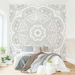Bilderwelten Fototapete Spirituell Orientalisch Wandtapete grau - Zackige Mandalablume mit Stern in Grau - Ornamente Wohnzimmer Schlafzimmer