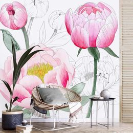 Bilderwelten Fototapete Zeichnung Rosa P&auml;onien II Stil Aquarell,Botanik Rose,Botanik Blume,K&uuml;nstler K&uuml;che,Esszimmer Vliestapete inkl. Kleister oder selbstklebend