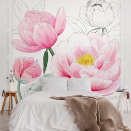 Bilderwelten Fototapete Zeichnung Rosa P&auml;onien I Aquarell,Botanik Rose,Blume,K&uuml;nstler Schlafzimmer,Wohnzimmer Vliestapete inkl. Kleister oder selbstklebend