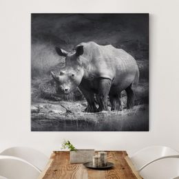 Bilderwelten Leinwandbild Tiere Motiv Kunstdruck Leinwanddruck - Lonesome Rhinoceros - Wandbild XXL Wohnzimmer Schlafzimmer
